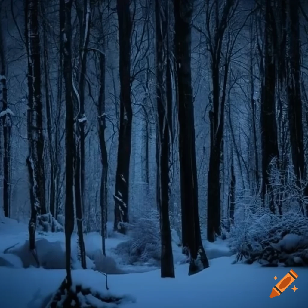 Snow forest scene at night on Craiyon