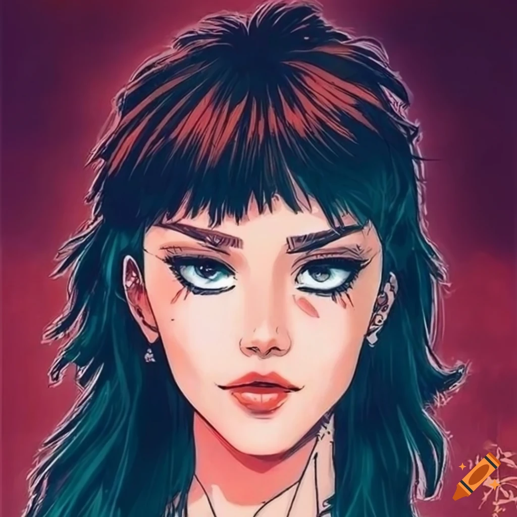 Retro manga style woman with a mullet haircut on Craiyon