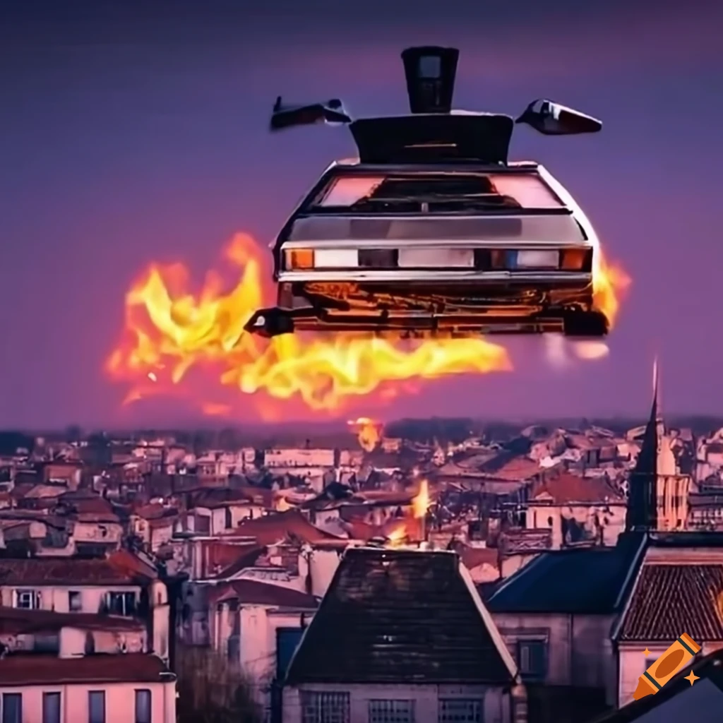 Delorean dmc-12 flying above picturesque rooftops with flames on Craiyon