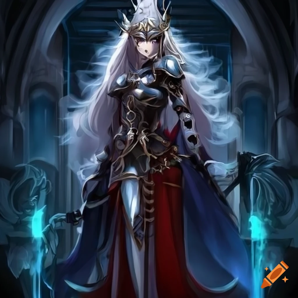 Intimidating anime queen on glowing throne in royal armor with rifle on ...