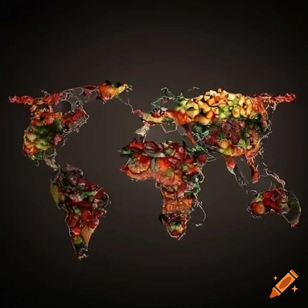 Global map depicted with food items on Craiyon