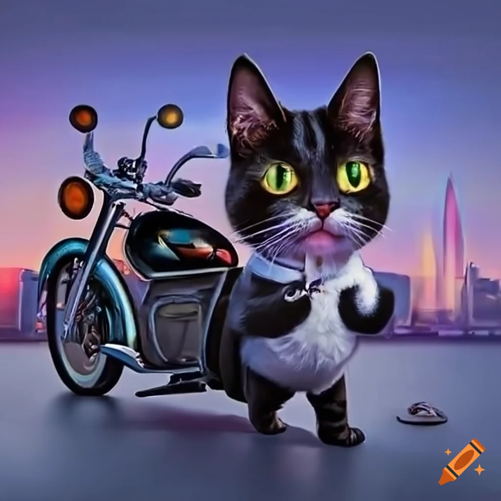Tuxedo cat riding a motorcycle on Craiyon