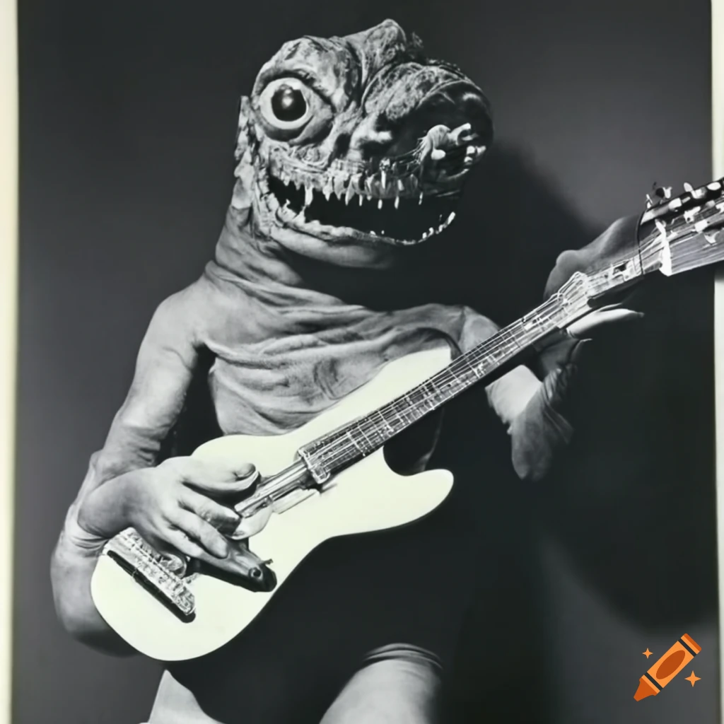 Sci-fi friendly monster playing guitar in a 1960s black and white movie ...