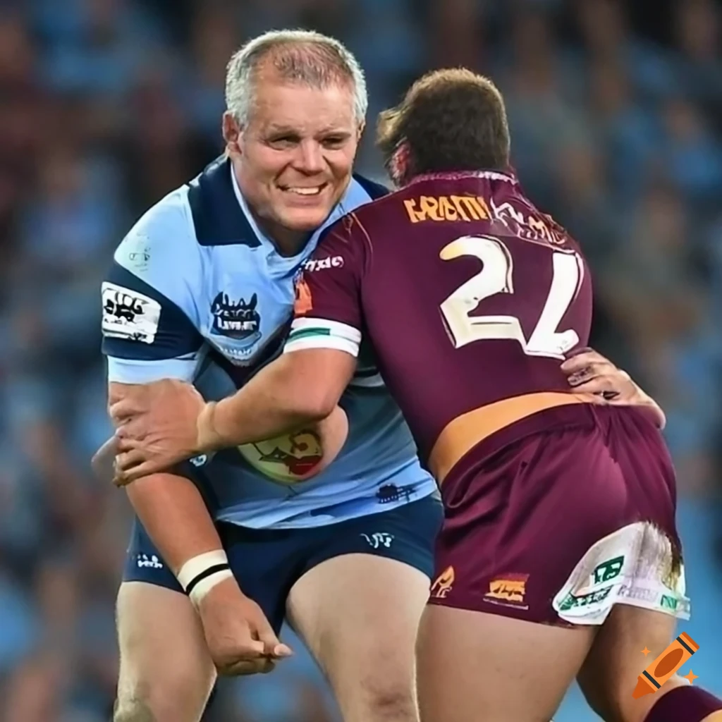Scott morrison in rugby jersey playing state of origin match on Craiyon