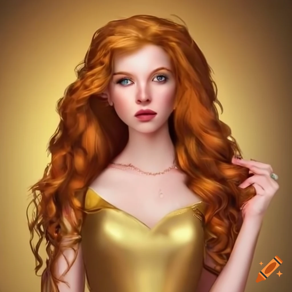 Radiant beautiful young princess in a golden dress on Craiyon