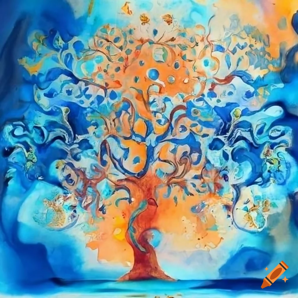 Tree of life and infinity painting in indigo colors with dynamic ...