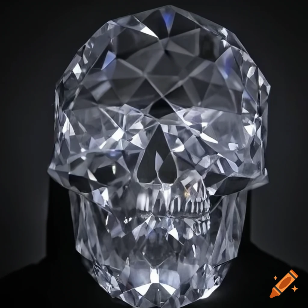 Faceted giant diamond skull illuminated in a dark room on Craiyon