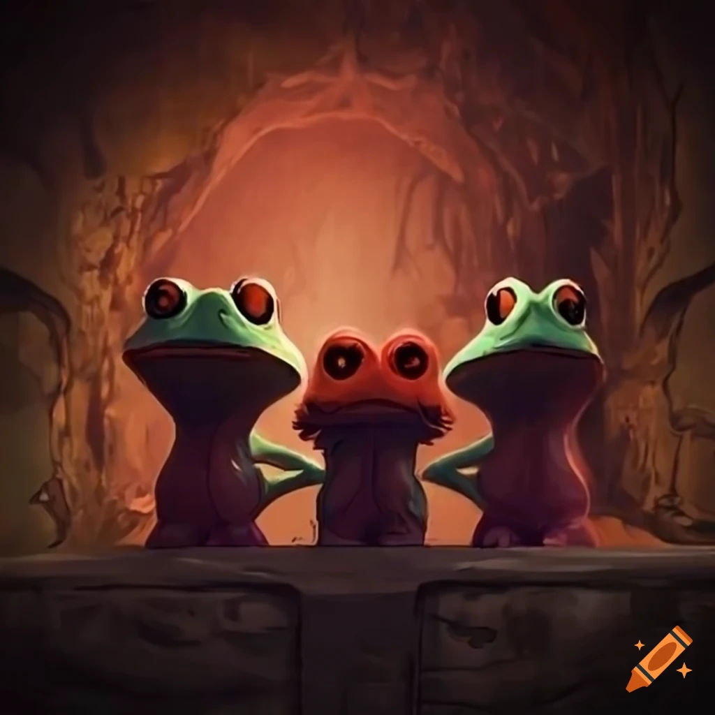 Four vampire frogs in a dungeon on Craiyon