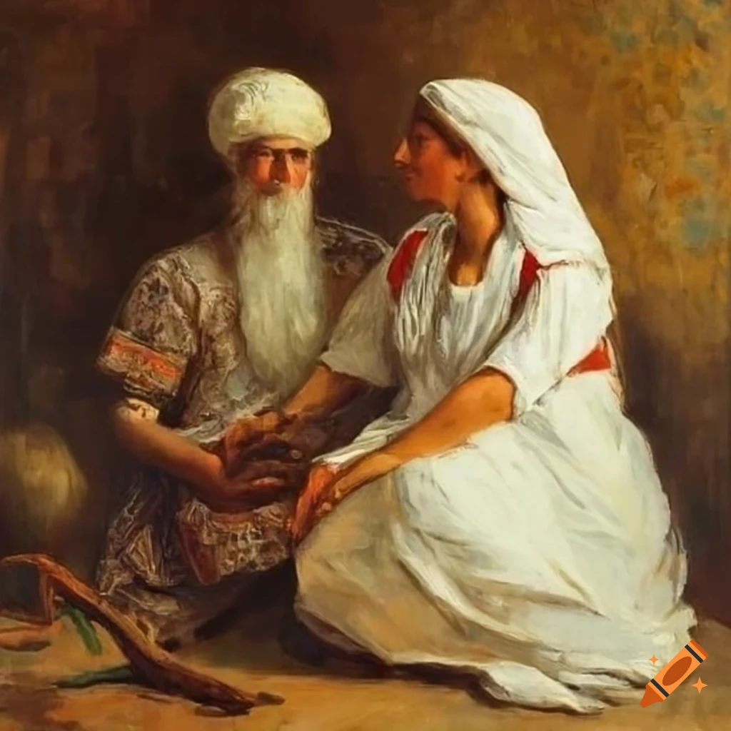 Man and woman in traditional samaritan clothes in impressionist style ...