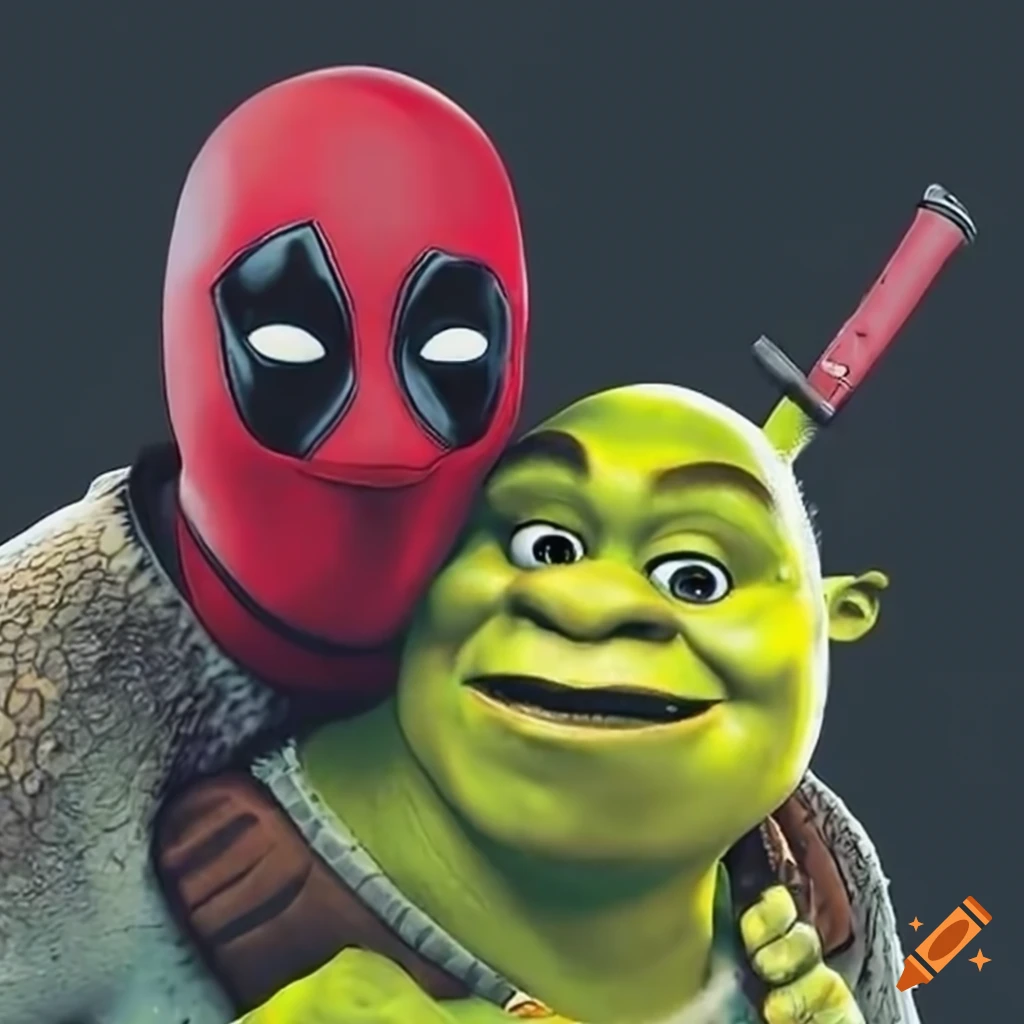 Shrek and deadpool with a baby spongebob on Craiyon