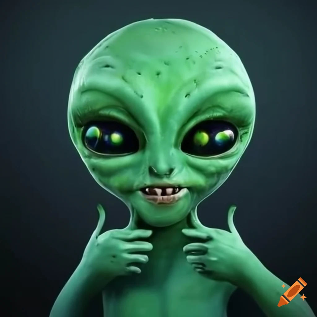 Green alien head with a big smile and thumbs up on Craiyon