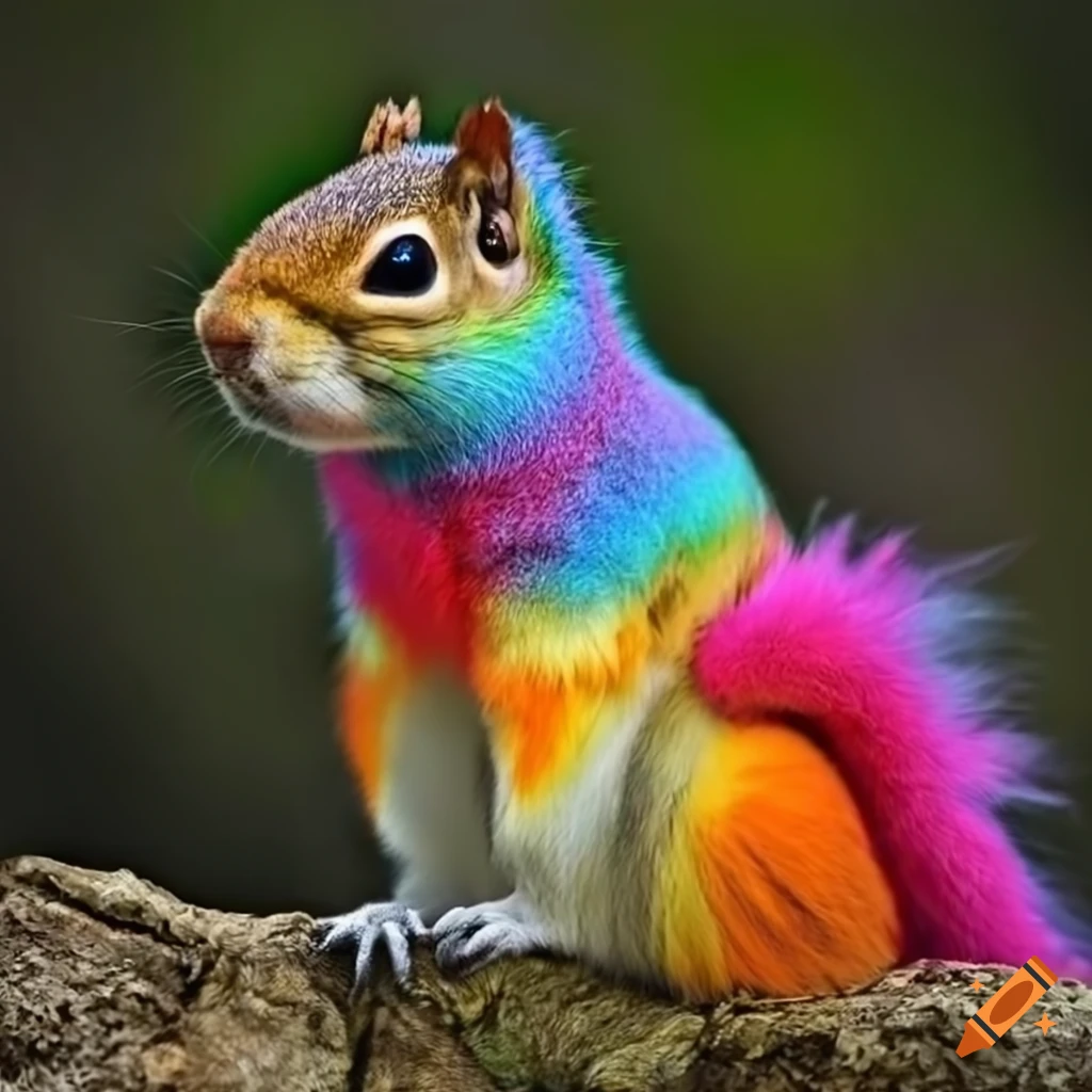 Colorful furry rainbow squirrel with feather tail on Craiyon