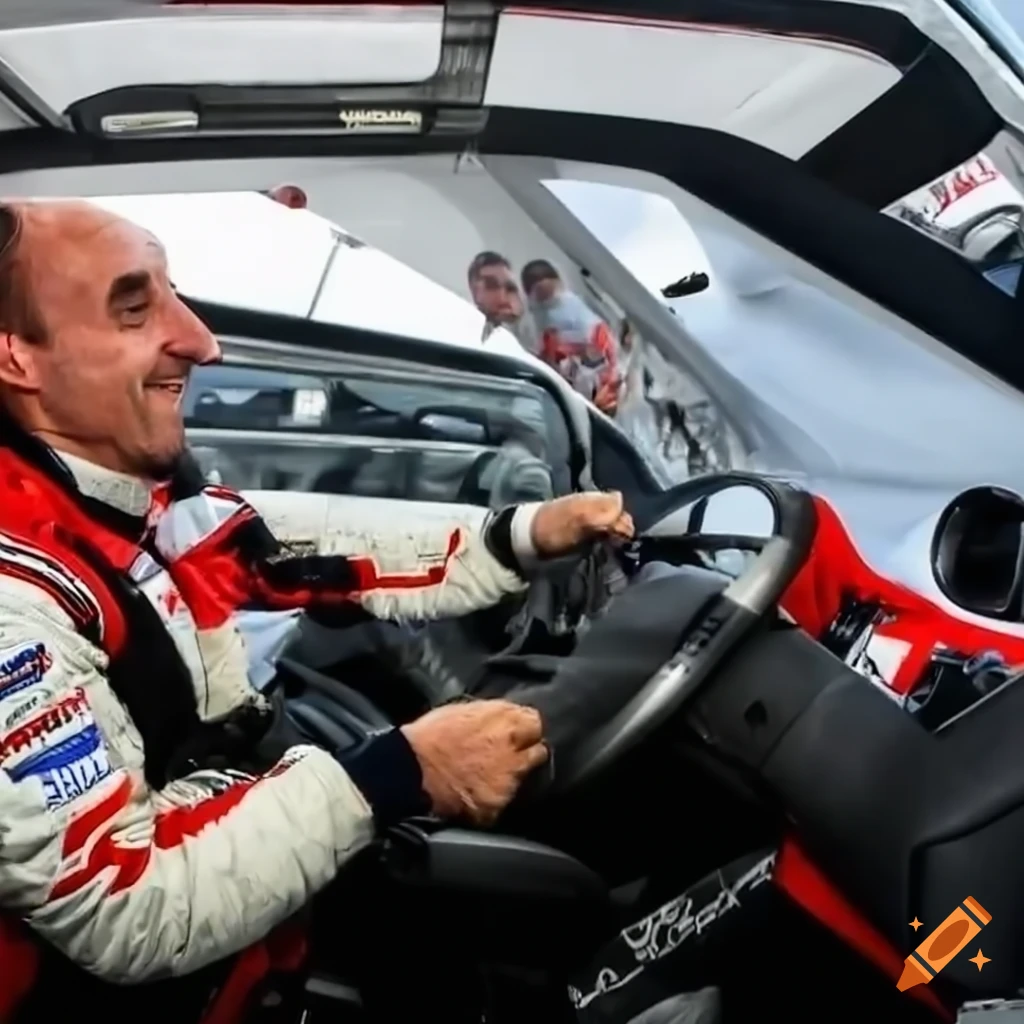 F1 driver Robert Kubica cheering in a Citroen Berlingo on Craiyon