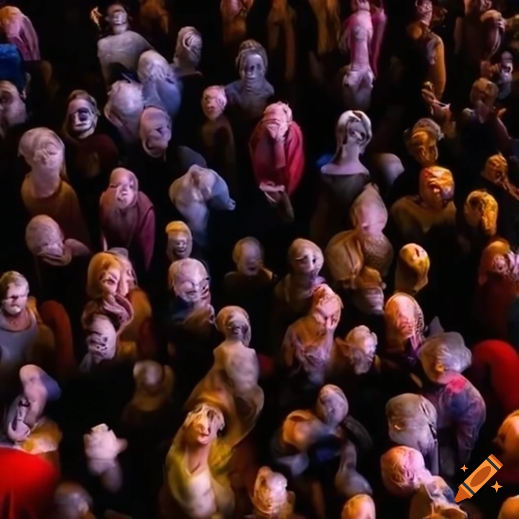 Crowd merging into a gooey organism with glee on Craiyon