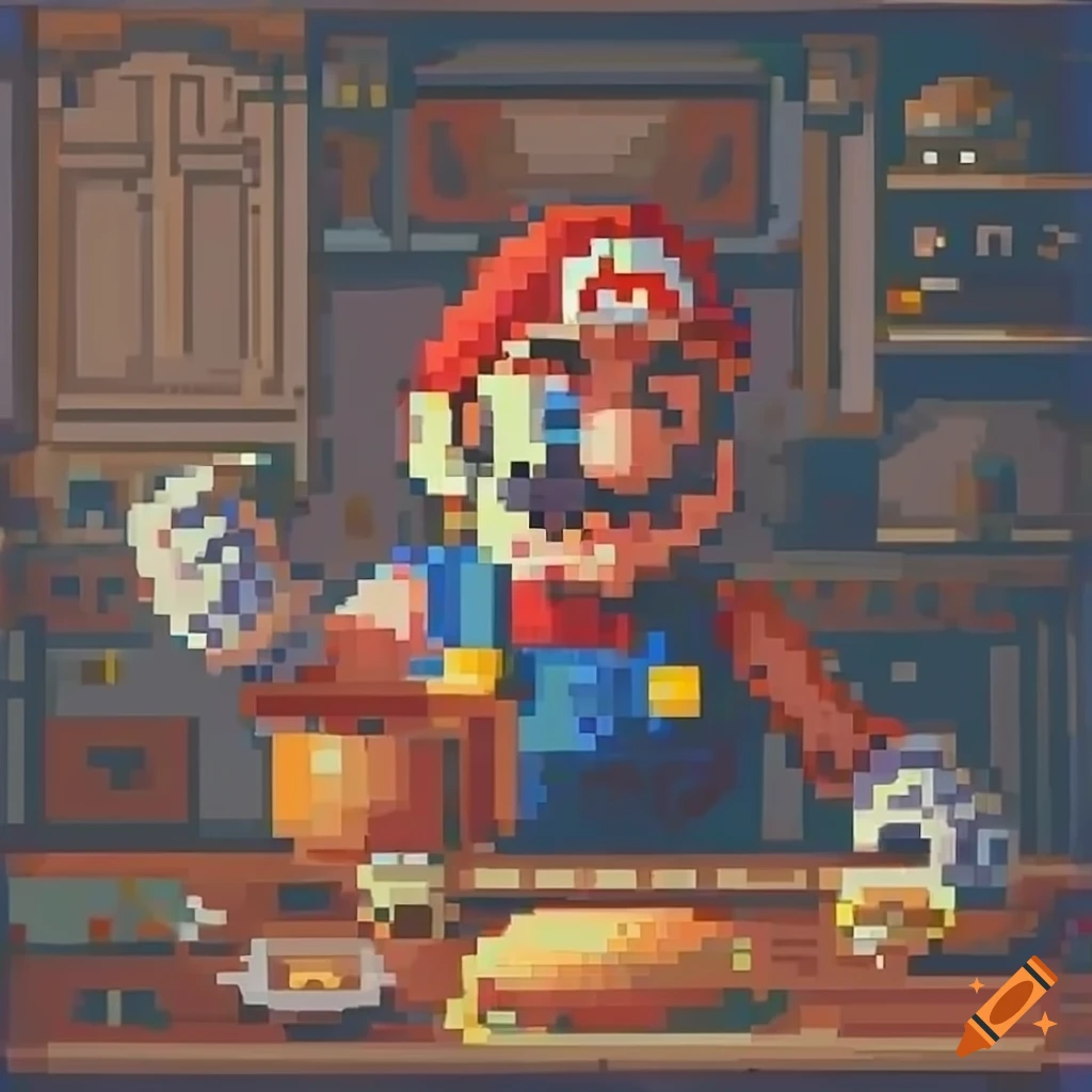 Pixel art portrait of Super Mario cooking in a castle kitchen on Craiyon