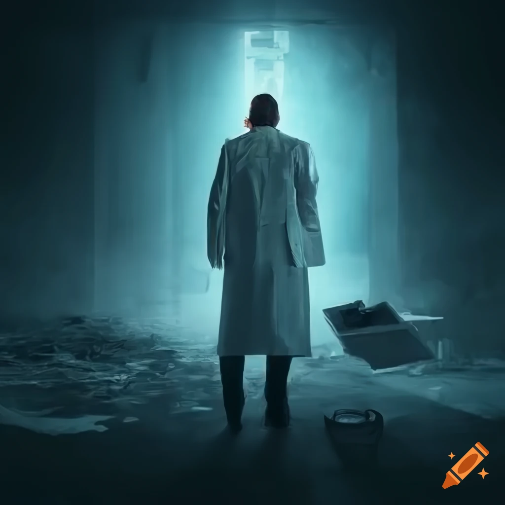 Scientist in lab coat with tablet witnessing global destruction from ...