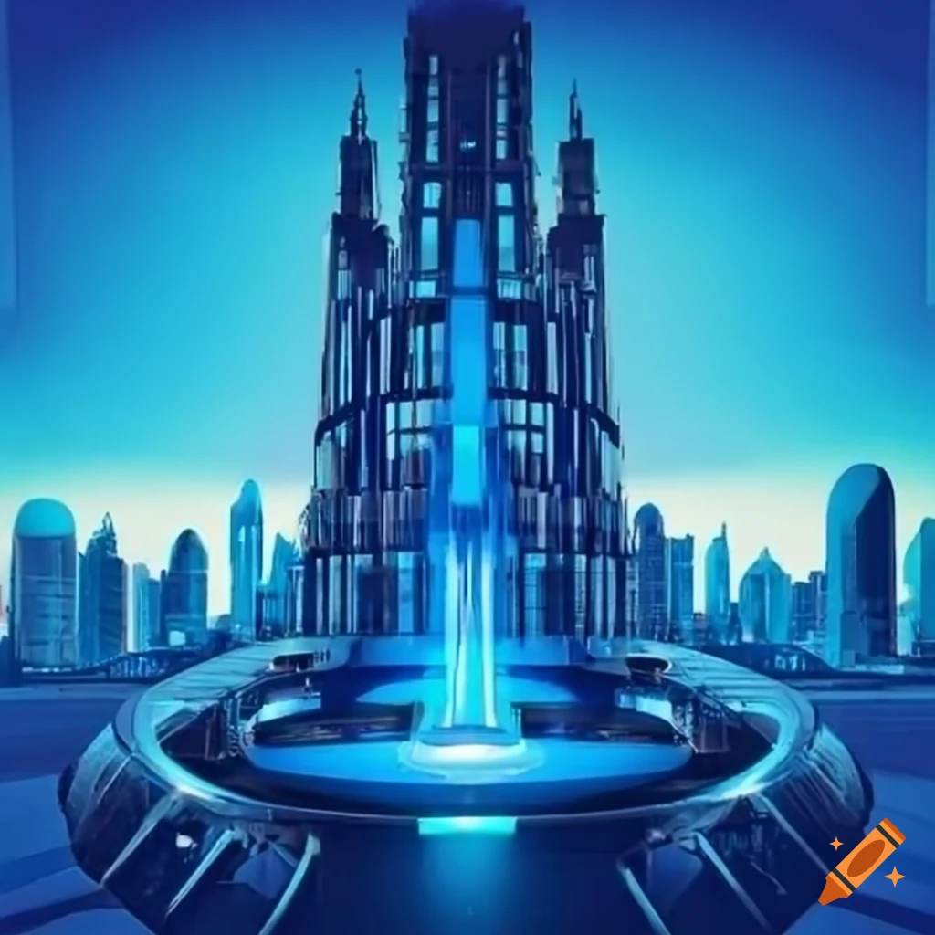 Blue futuristic city with central tower on Craiyon
