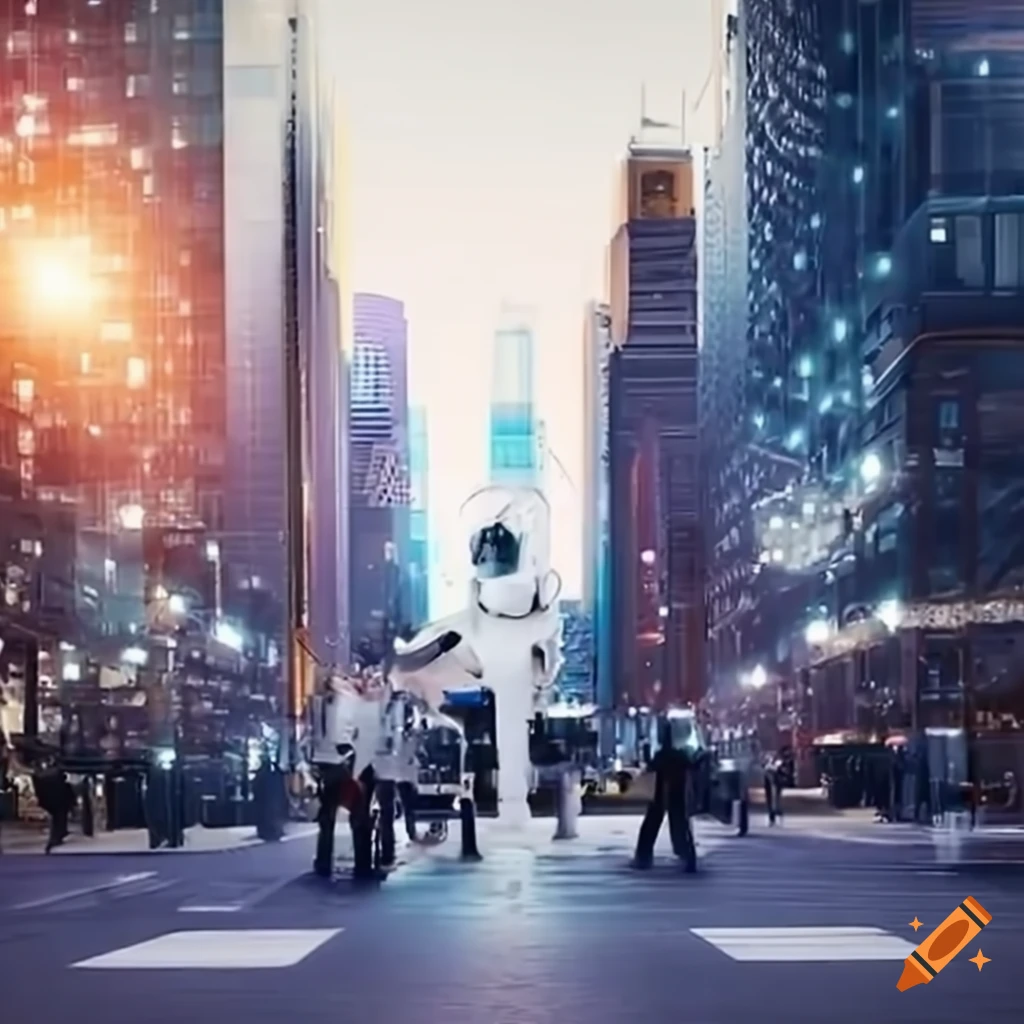 Interaction between humans and ai robots in futuristic city streets on ...