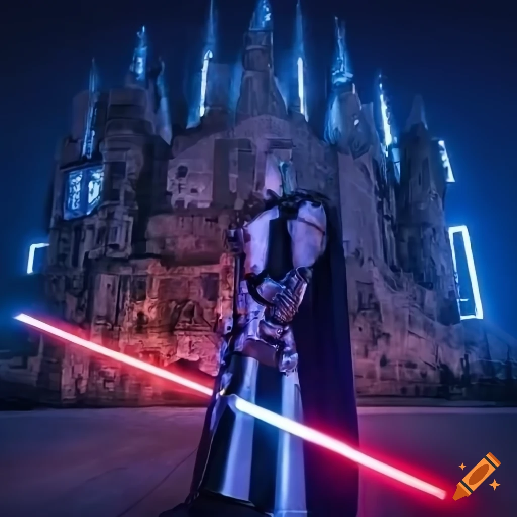 Futuristic crusader knight with a lightsaber in front of neon-lit ...
