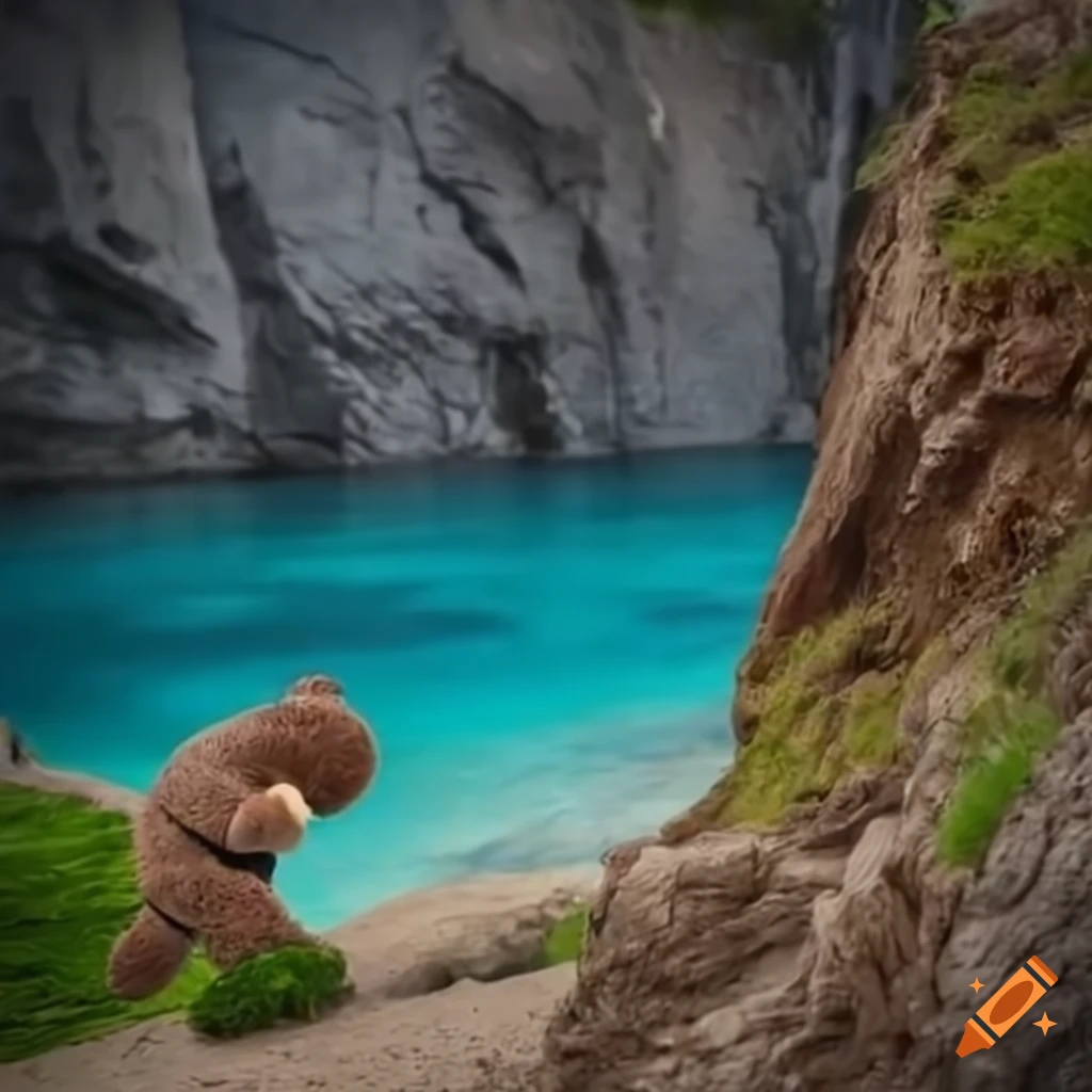 Teddy bear jumping into a blue lagoon from a cliff on Craiyon