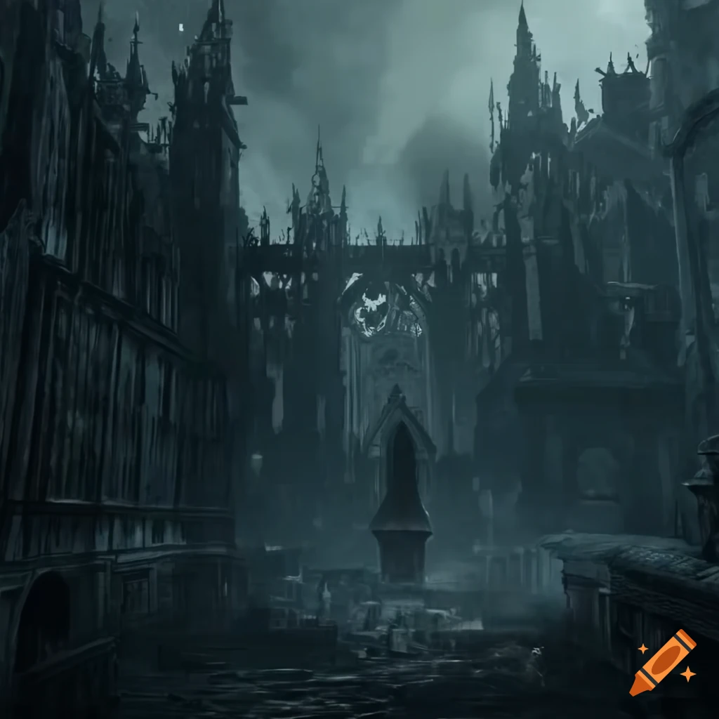 Intricately detailed gothic city in a rainstorm with lightning ...
