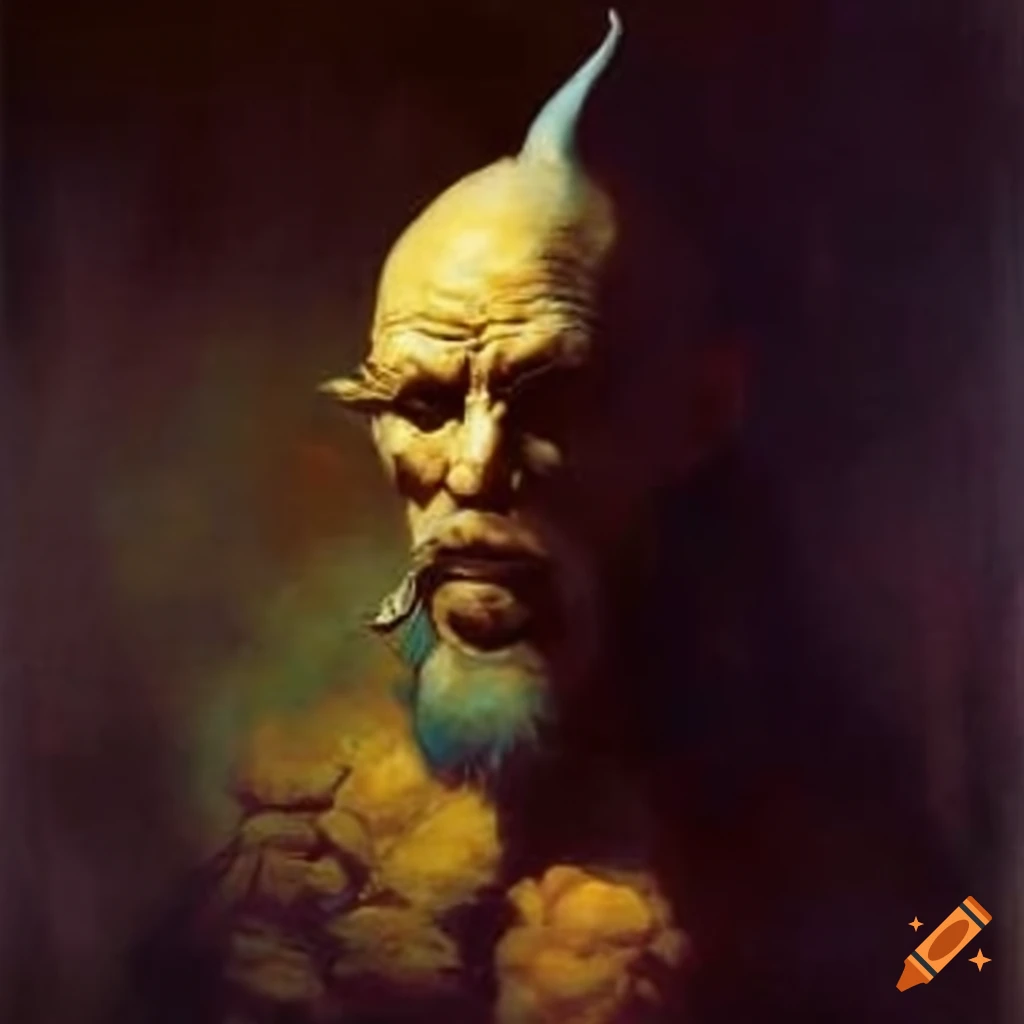 Blue djinn portrayed in an oil painting by frank frazetta on Craiyon