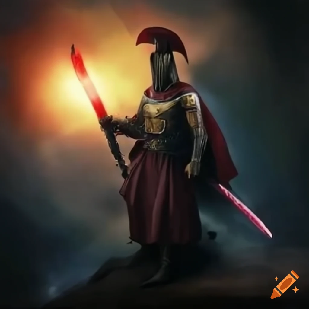 Epic battle between Mace Windu and Leonidas with glowing swords on Craiyon