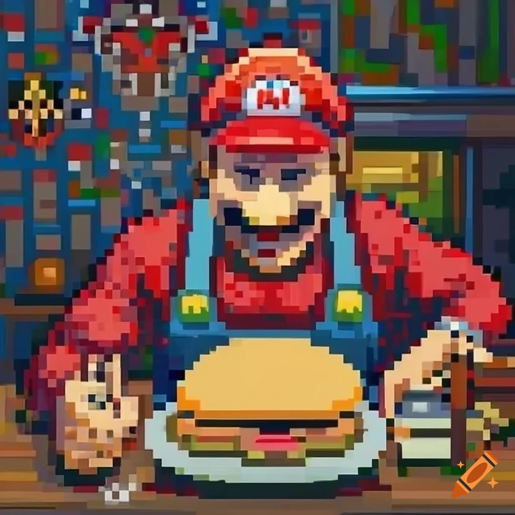 Pixel art oil painting of Super Mario laughing and preparing a ...