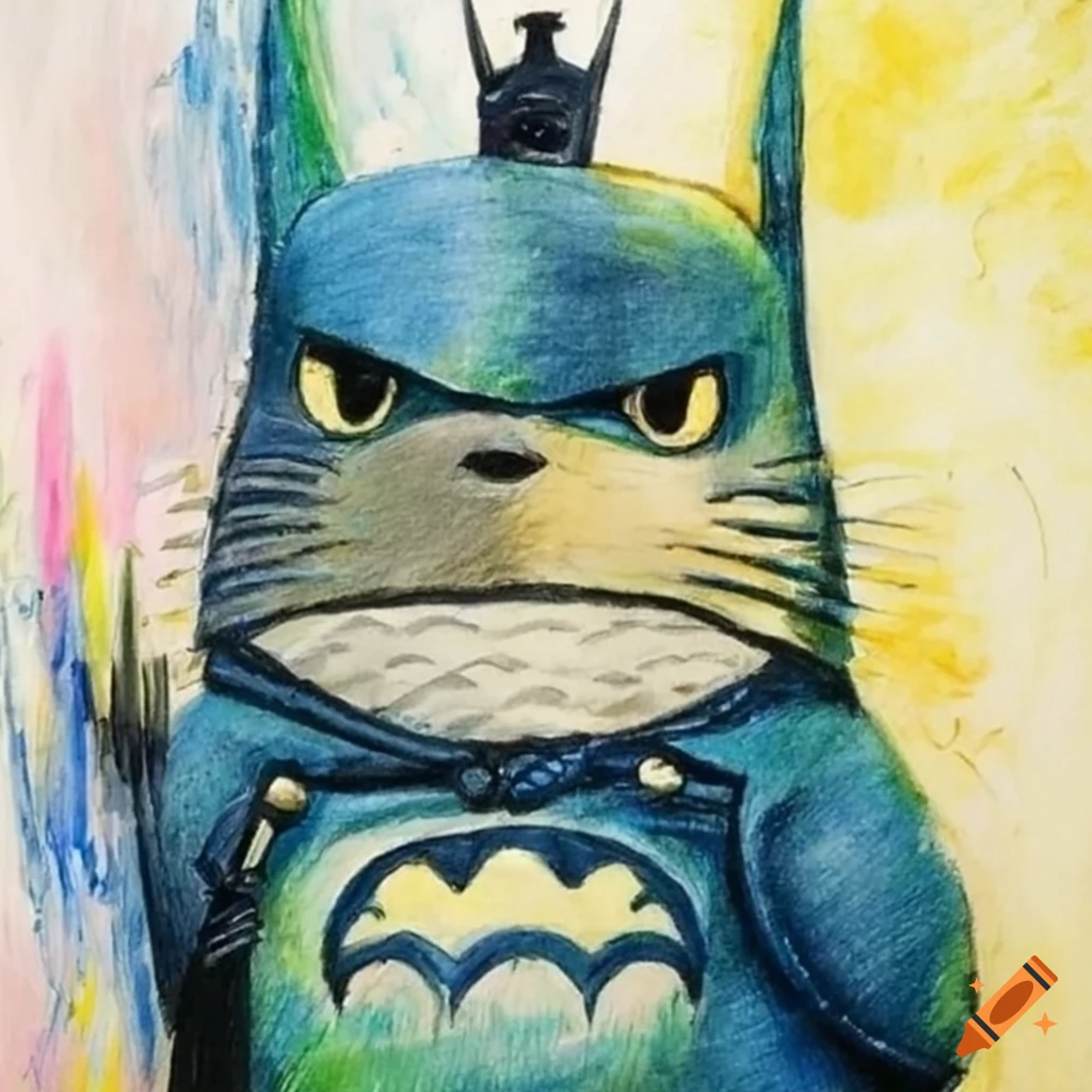 Colorful pencil drawing of totoro as batman on Craiyon