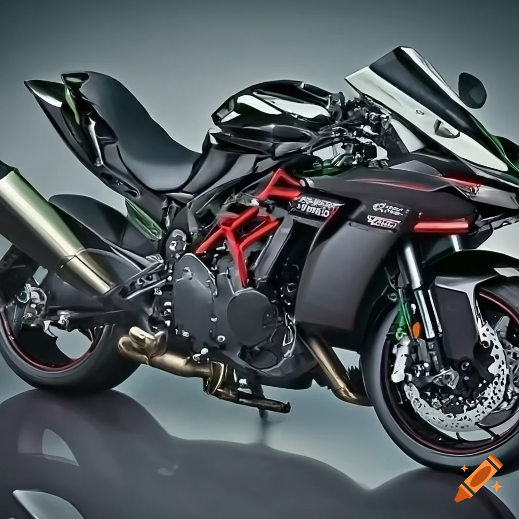 Kawasaki h2r motorcycle in black with red accents on a white background on Craiyon