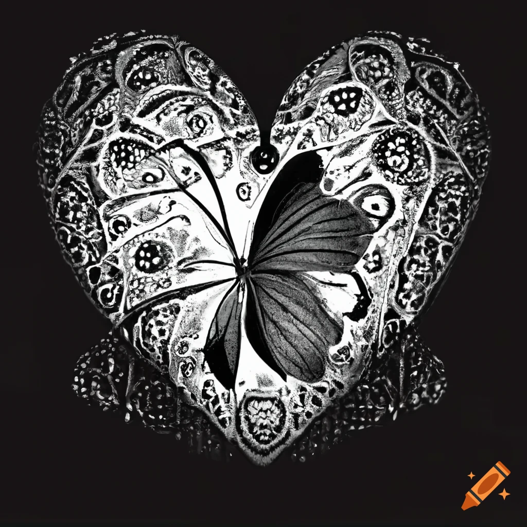 Butterfly inside heart in black and white style on Craiyon