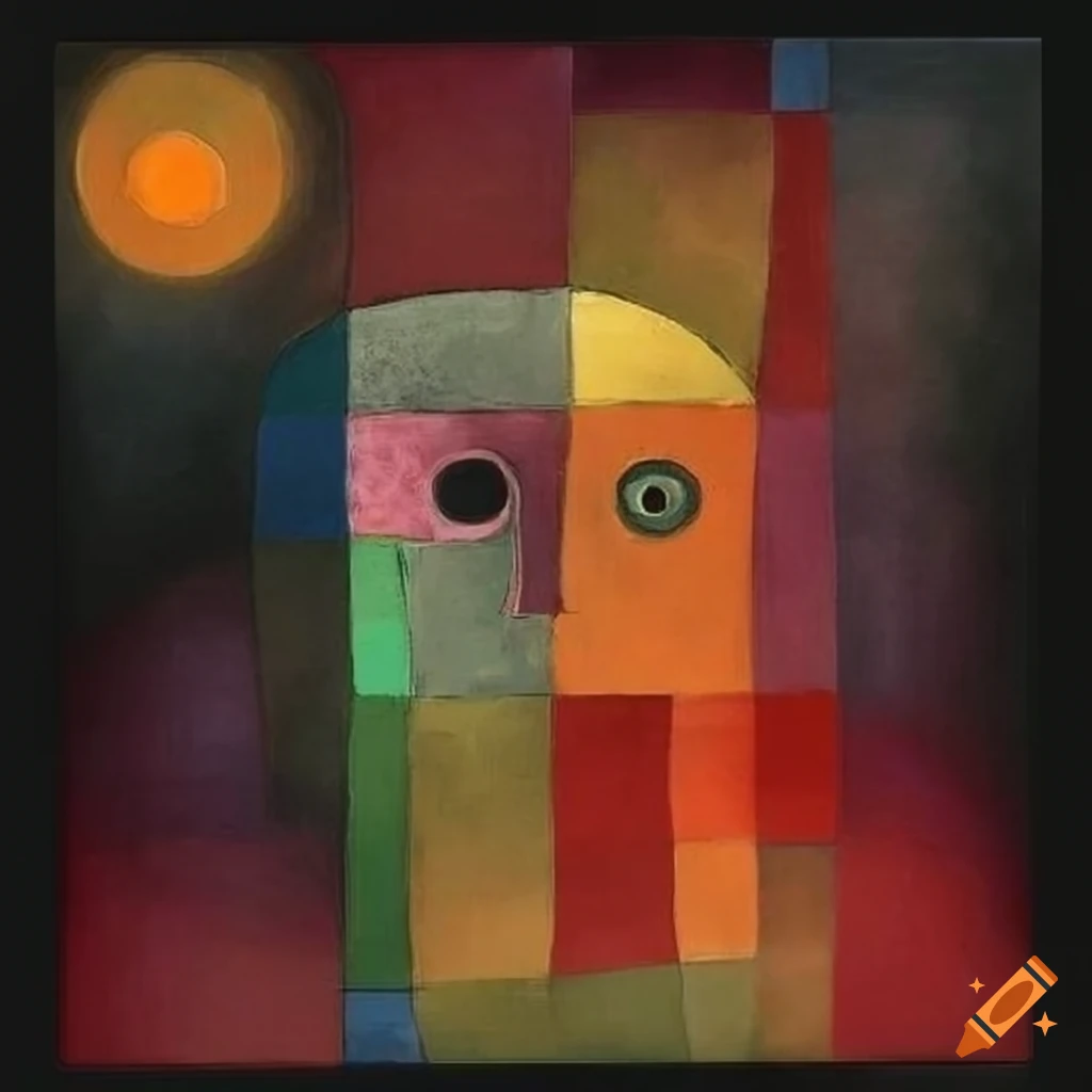 Surrealist oil painting inspired by Paul Klee with various elements ...