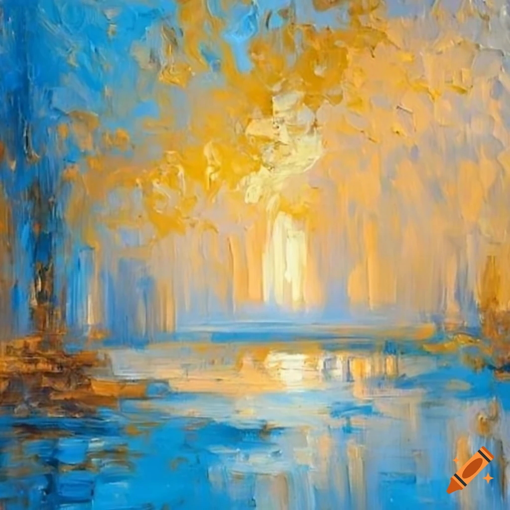Stunning impressionist painting in light blue and warm gold tones on ...
