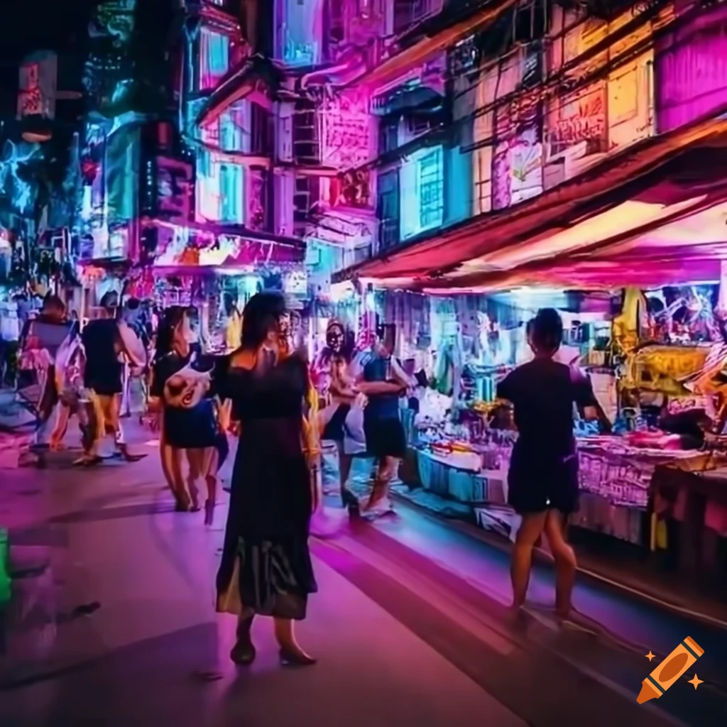 Futuristic cyberpunk scene with people exploring a vibrant night market ...