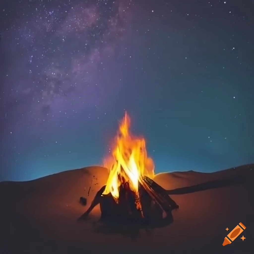 Bonfire in the sand dunes under a starry sky on Craiyon