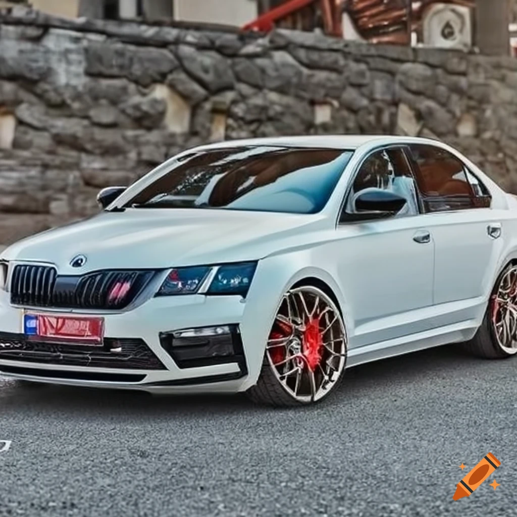 White skoda octavia rs 2017 sedan with tuned 18-inch wheels on Craiyon