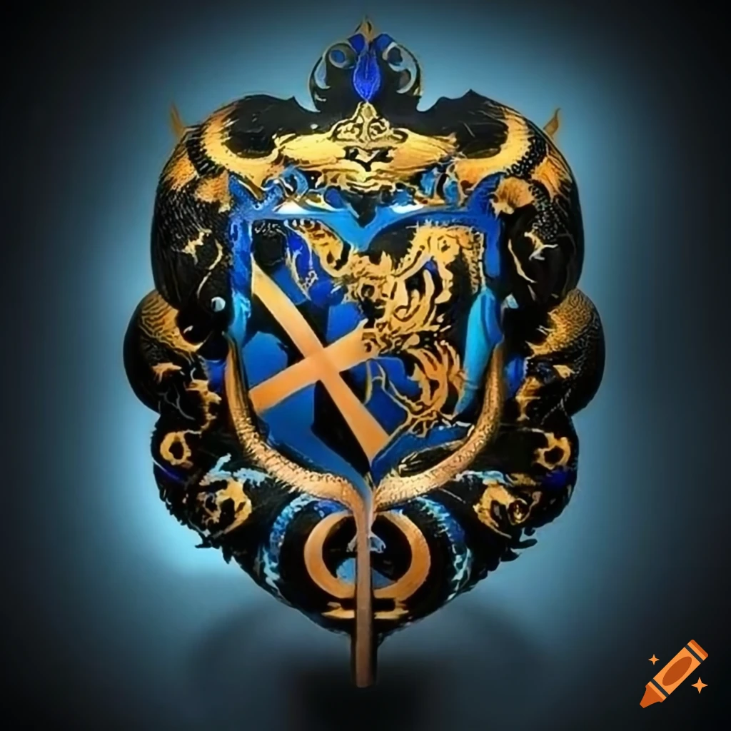 Crest with black and blue snake and two aligned golden stars on Craiyon