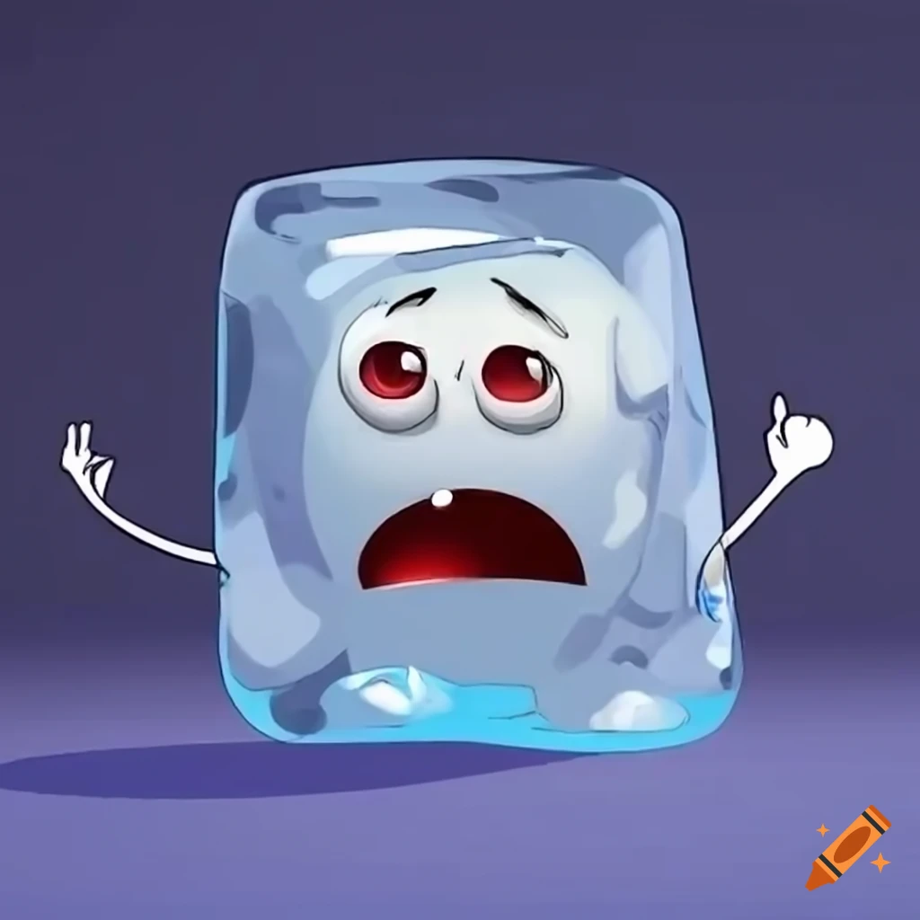 Anxious cartoon ice cube sliding with two legs on Craiyon