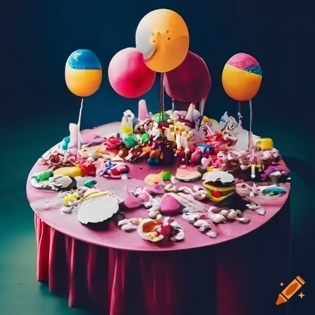 Round table set up for a birthday party with balloons, candy, and cake ...