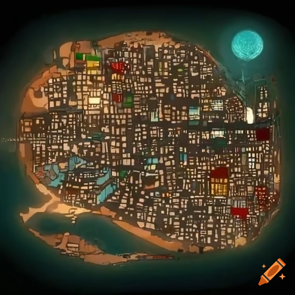 Fictional city map with locations of two distinct ethnic groups on Craiyon