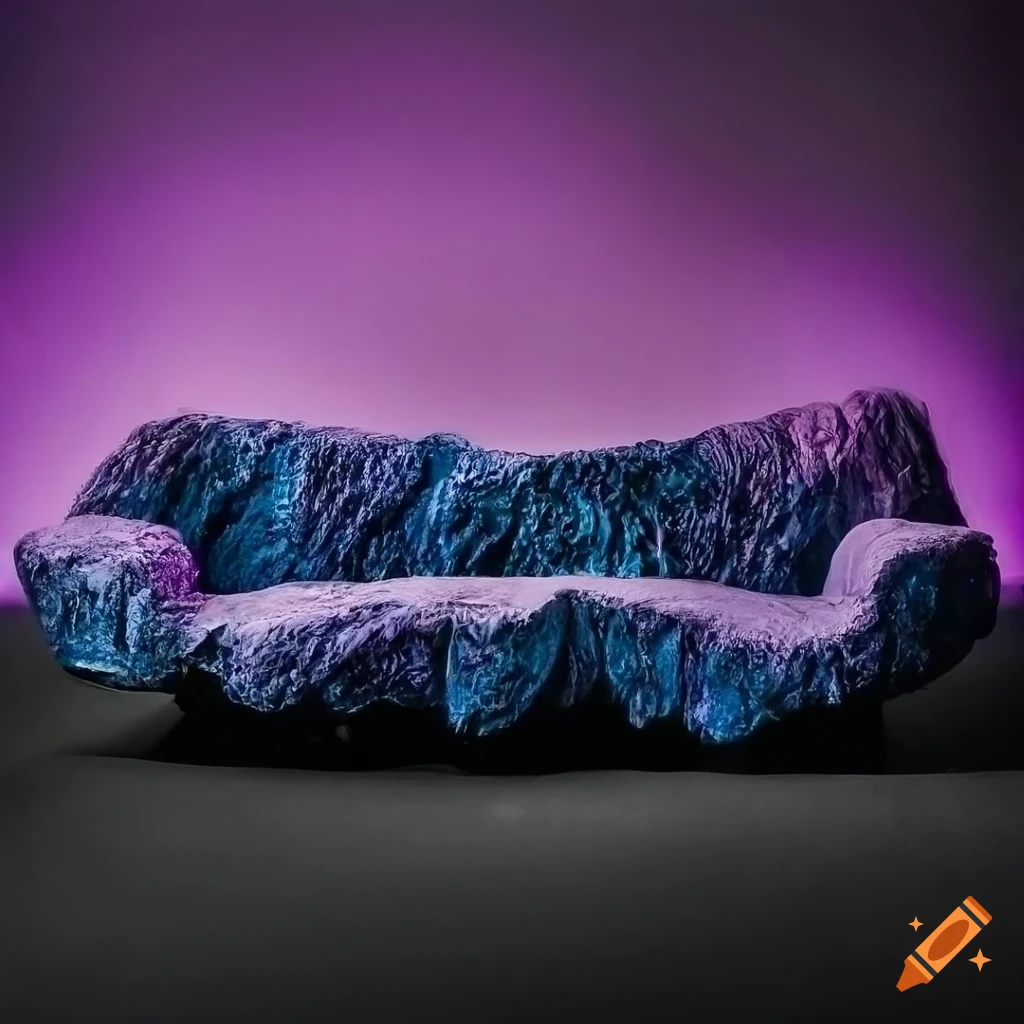 Abstract sofa made with meteorite and blue/purple lava in a white ...