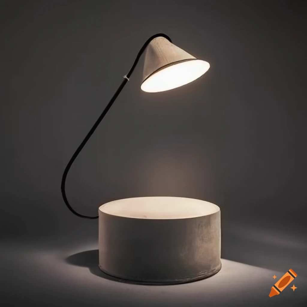 Minimalist lamp with a concrete base in an industrial setting on Craiyon
