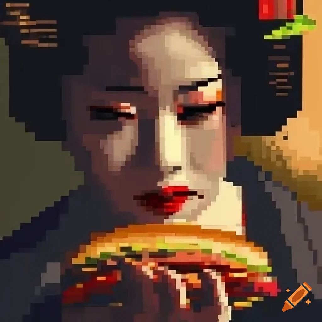 Pixel art oil painting portrait of a geisha preparing a hamburger in a ...