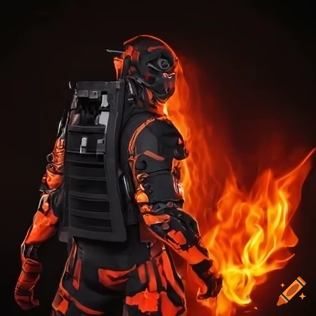 High-tech pyromaniac battle suit with vibrant fire flames on Craiyon