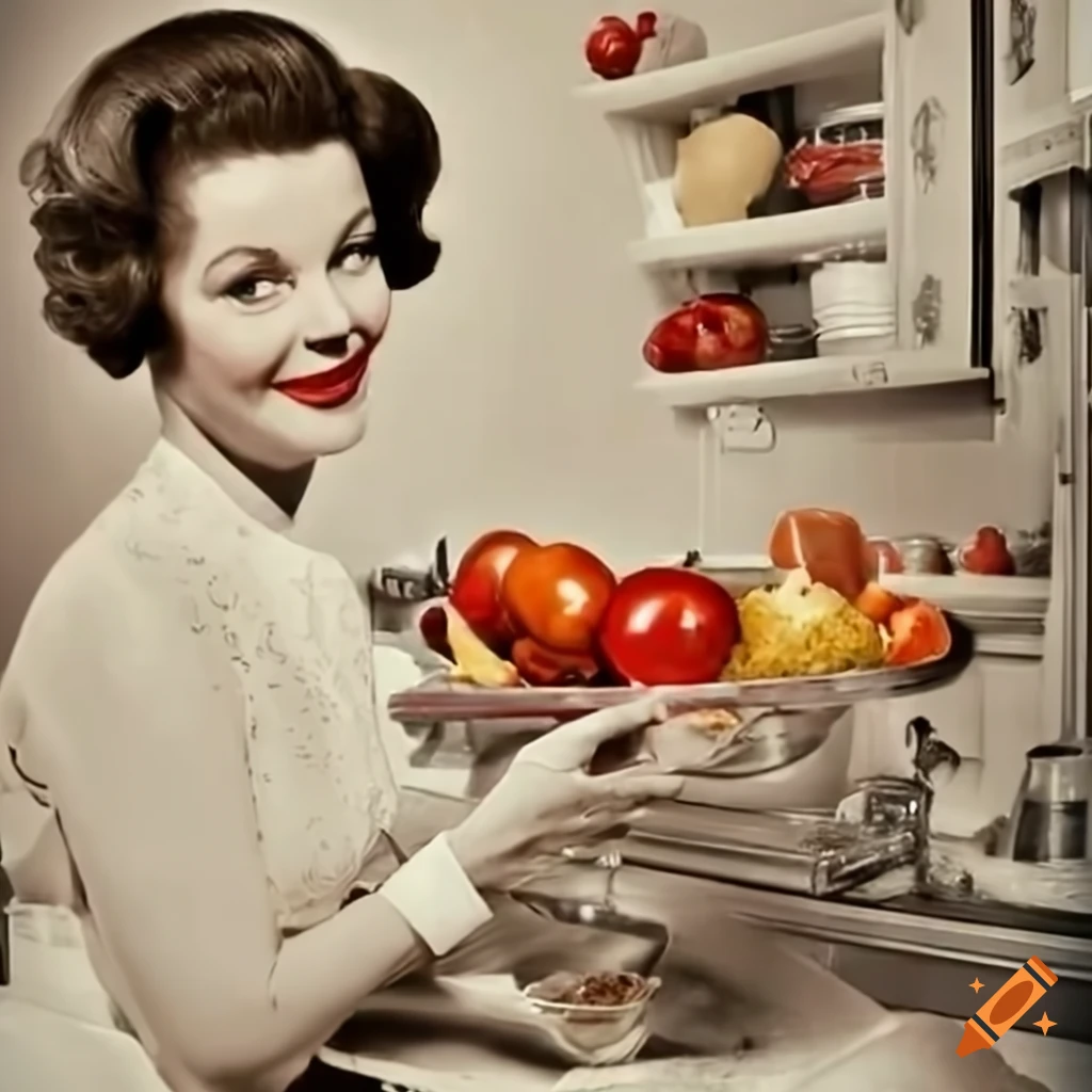 Woman bringing food in a 1950s kitchen advertisement style on Craiyon