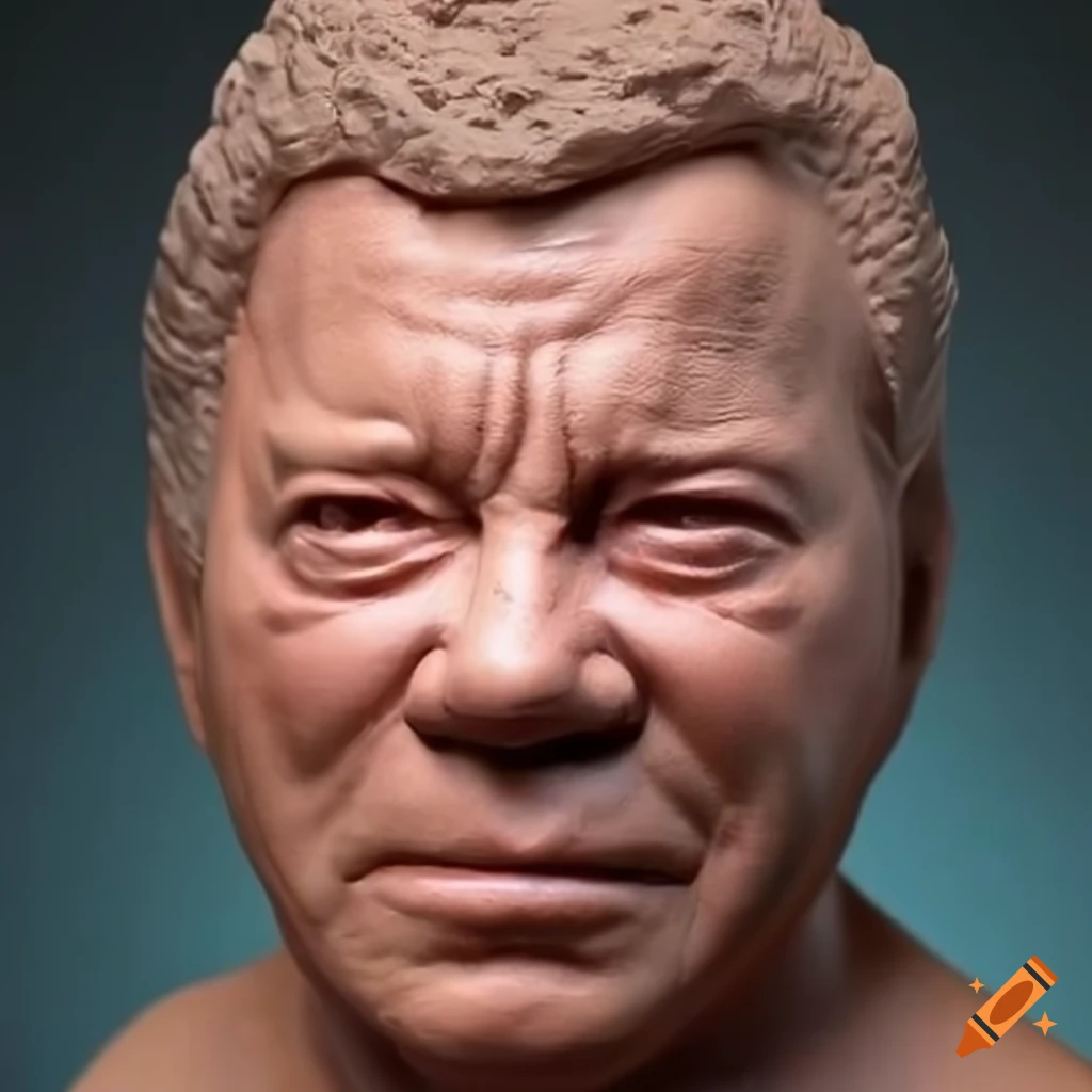 Realistic clay sculpture of William Shatner in rough brown clay on Craiyon