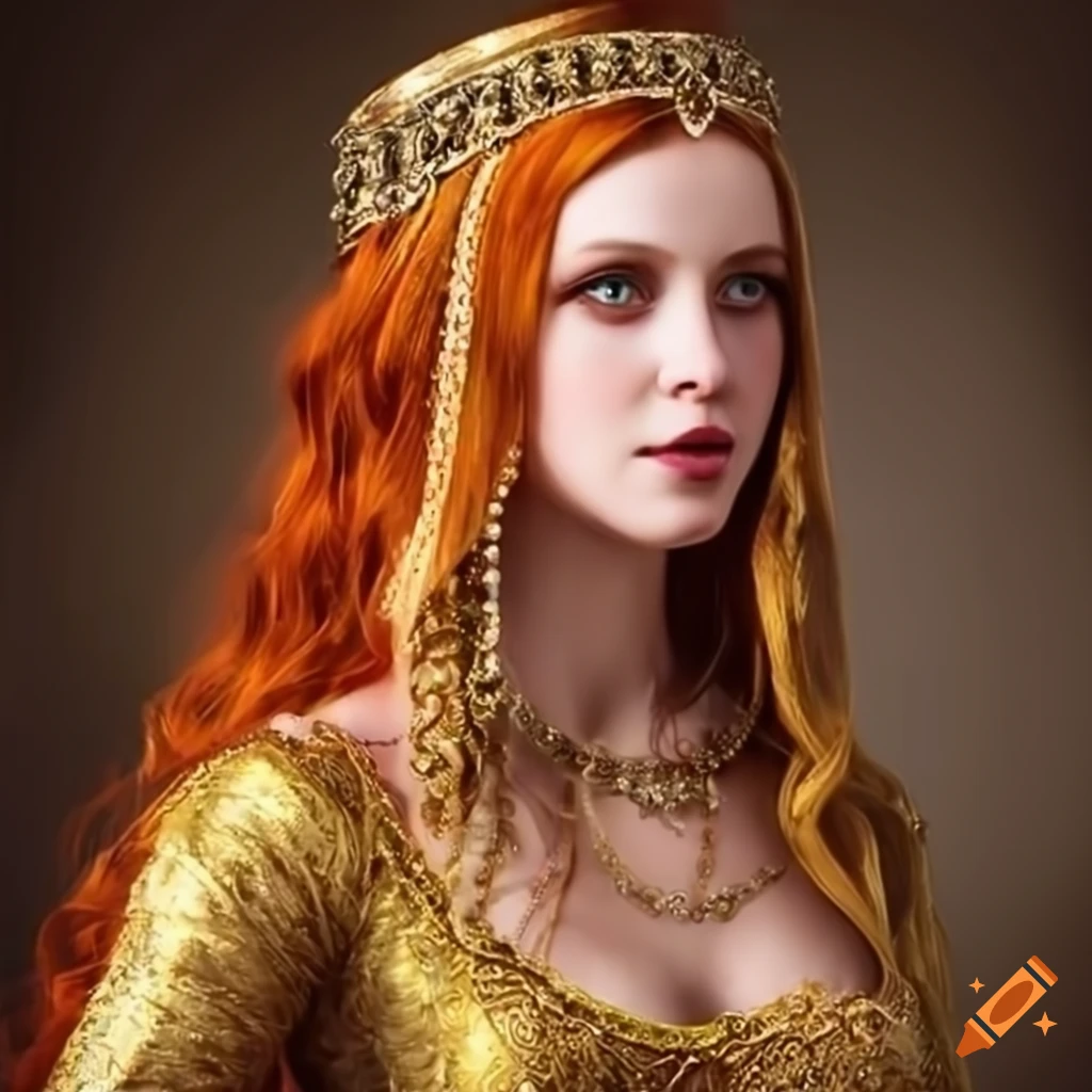 Medieval princess twins with red hair and green eyes in golden dresses ...