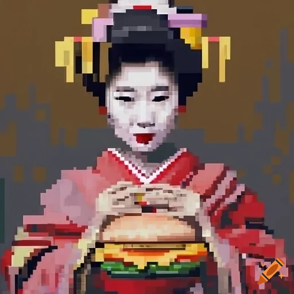 Pixel art oil painting portrait of a geisha preparing a hamburger in a ...