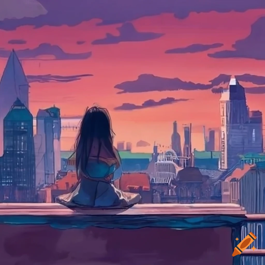 Girl sitting on rooftop overlooking coney island in studio ghibli style on Craiyon
