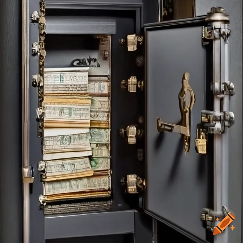 Large safe overflowing with dollars and euros on Craiyon
